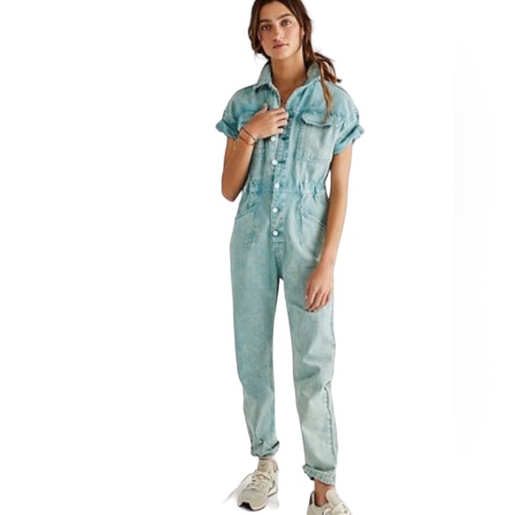 Free People | Pants & Jumpsuits | Free People Marci Coverall Green Acid Wash 9s Y2k Denim ...